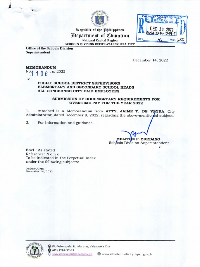 Submission of Documentary Requirements For Overtime Pay For The Year ...