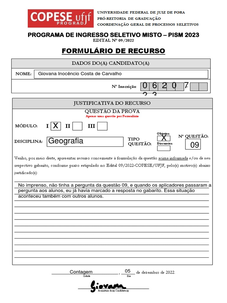 Formulário Recurso Pism 2023 | PDF