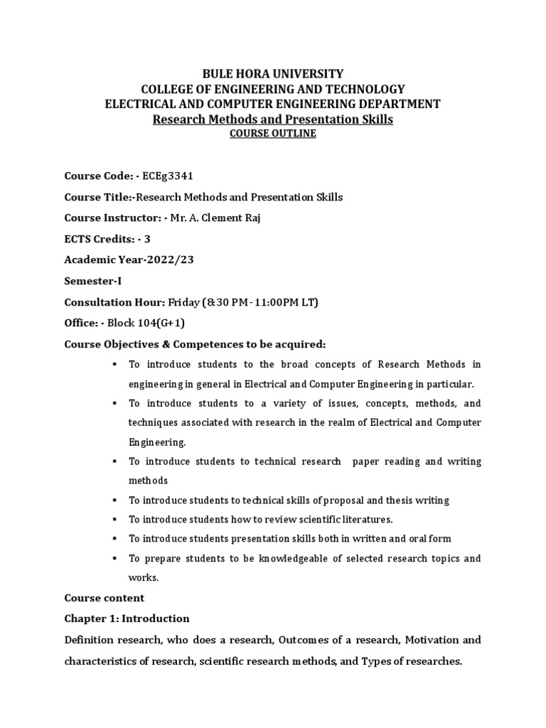 Course Outline - Research Methods and Presentation - ECE - 2019 | PDF | Scientific Method | Thesis