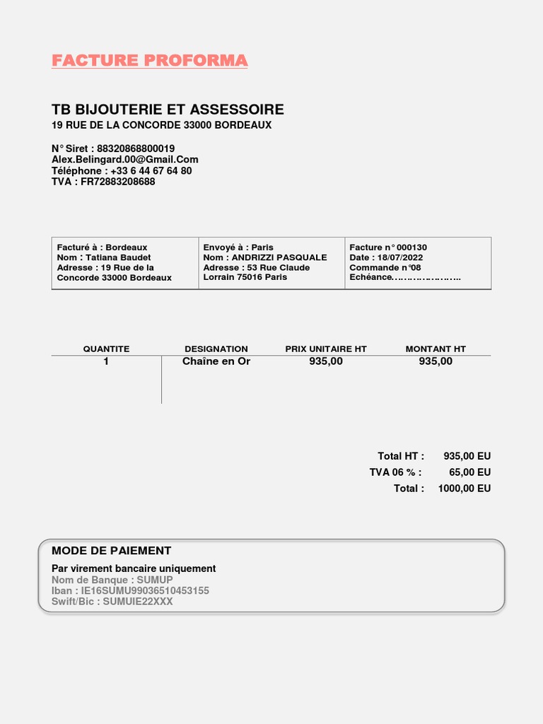 Exemple de Facture Proforma Bijouterie | PDF