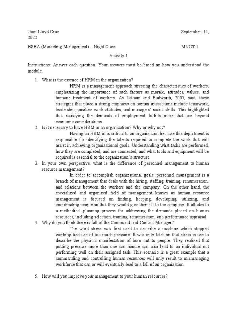 Activity 1 - Cruz, John Lloyd | PDF | Human Resources | Human Resource Management