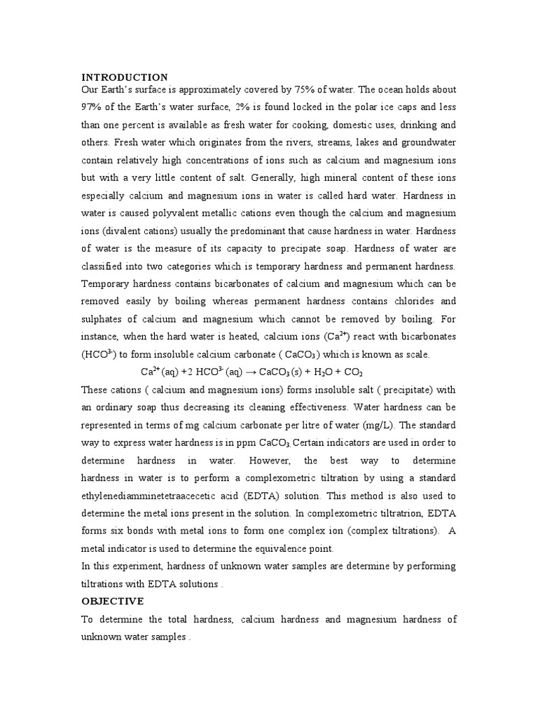 Determination of Hardness in Water Lab Report | PDF | Titration | Chemistry