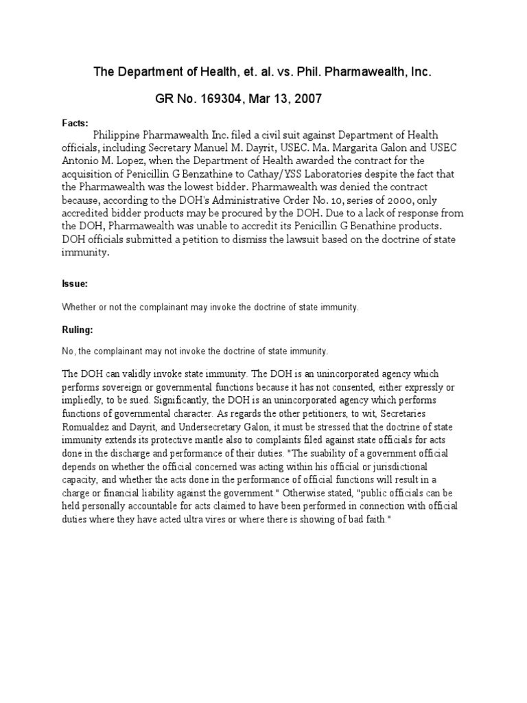DOH vs. Pharmawealth: State Immunity Case | PDF