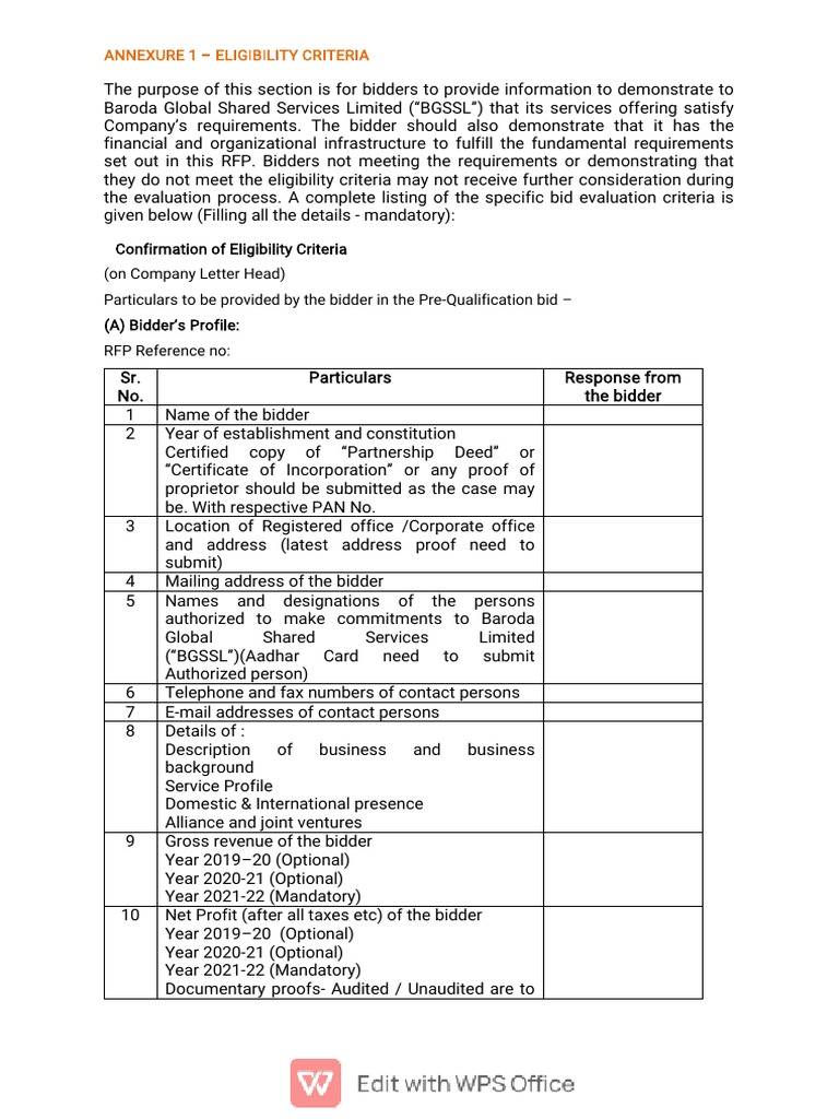 ANNEXURE 1-Eligibility Criteria - Empanelement of Collection Agencies | PDF | Request For ...
