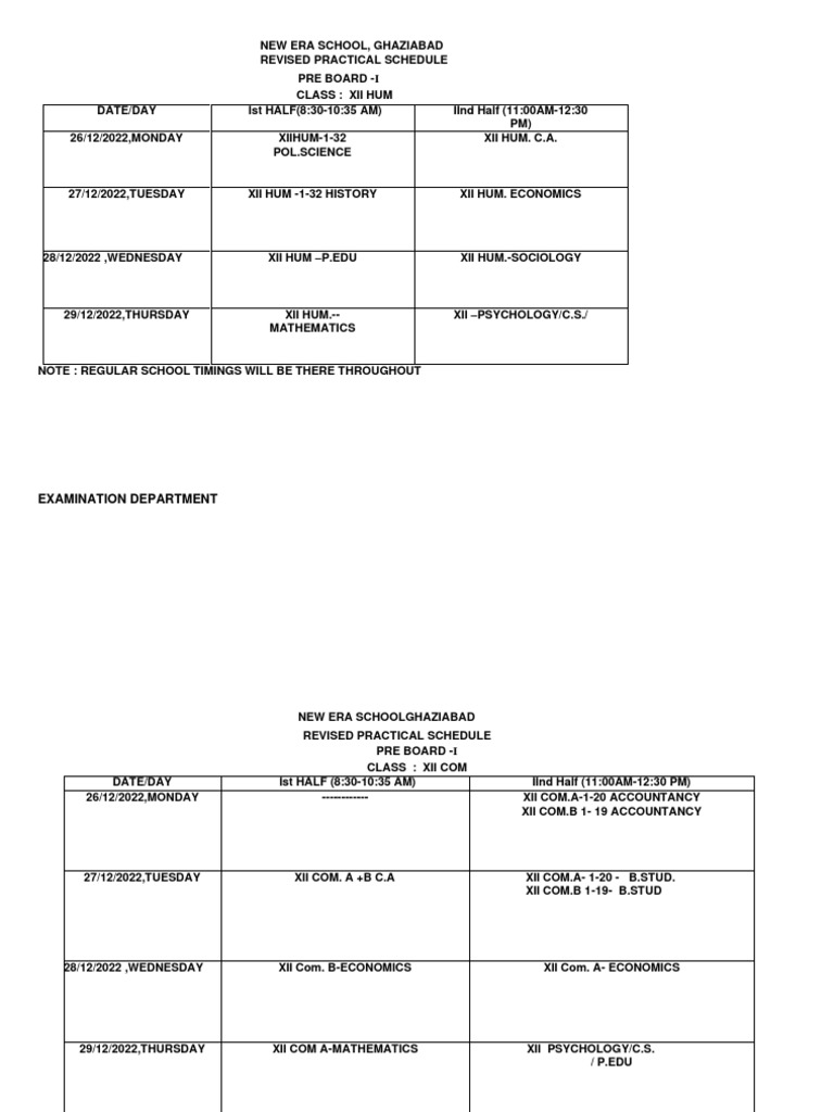 Revised Pre-Board Practical Schedule | PDF | Science