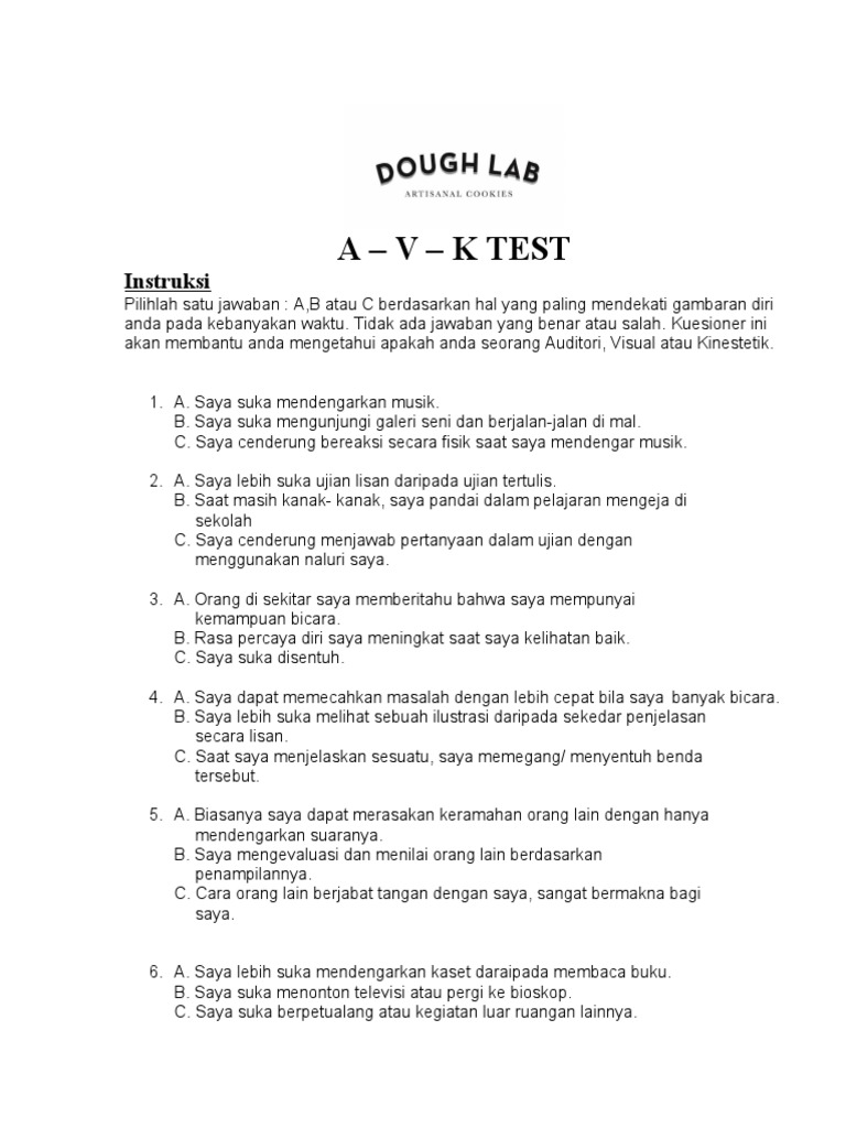 Uji Tipe Belajar: Auditori, Visual, Kinestetik | PDF