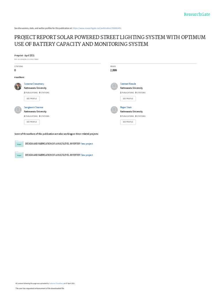 Project Report Solar Powered Street Lighting System With Optimum Use of Battery Capacity and ...