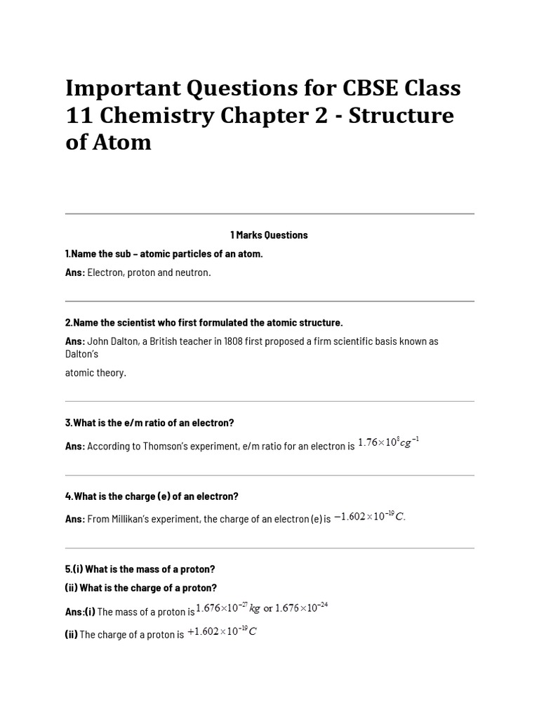 Key Insights into the Structure of Atoms from Important Questions on ...