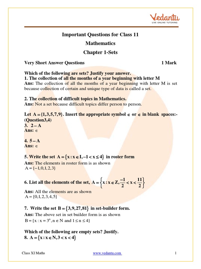 Important Questions For CBSE Class 11 Maths Chapter 1 | PDF | Set ...
