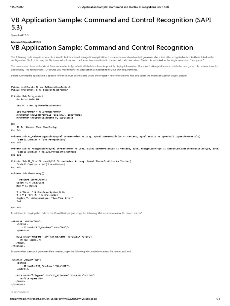 VB Application Sample - Command and Control Recognition (SAPI 5 | PDF ...