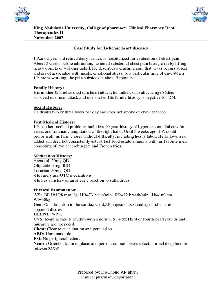 Ischemic Heart Disease Case Study | PDF | Vascular Diseases | Clinical Medicine