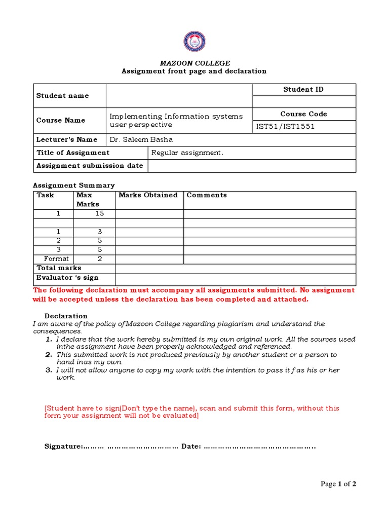 2 - Assignment Declaration For Student | PDF