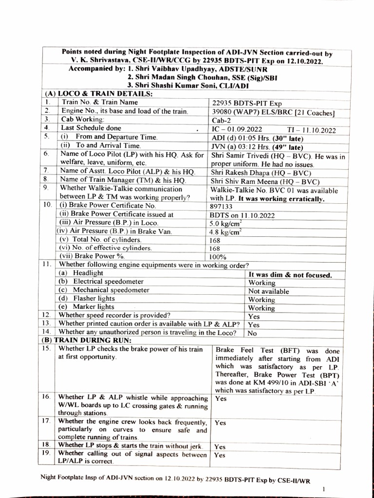 Night Footplate Inspection Report ADI-JVN | PDF | Vehicles | Vehicle Parts