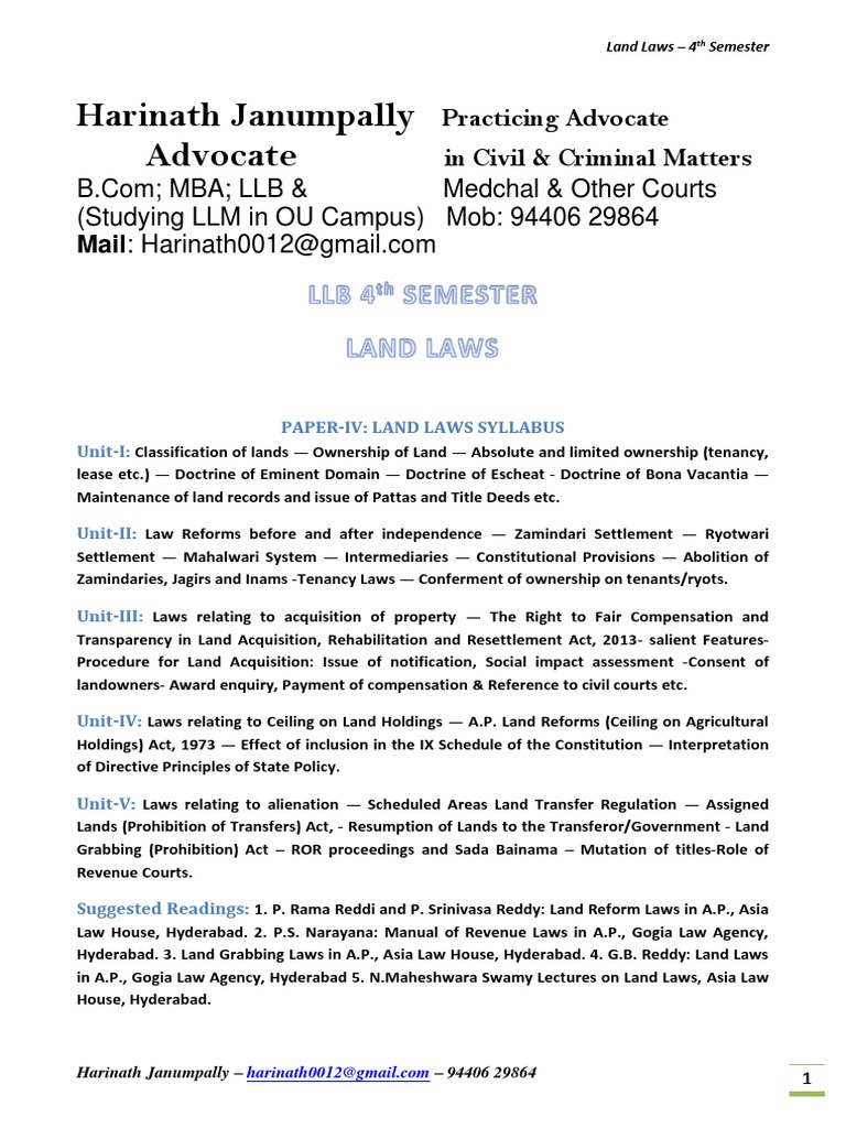 Land Laws Study Material Overview | PDF | Eminent Domain | Ownership