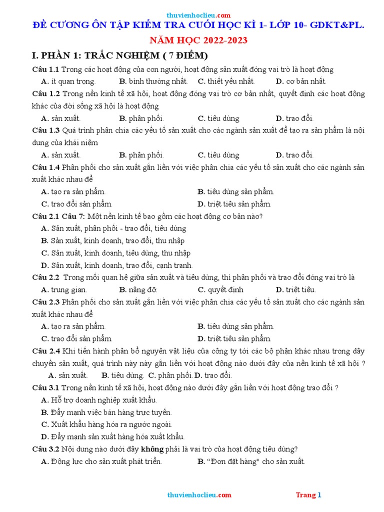 De Cuong On Tap GDKT Va PL 10 Nam 2022 2023 1 | PDF