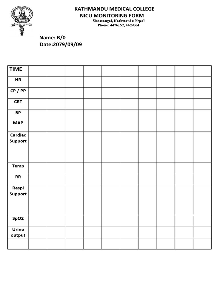 NICU Monitoring Sheet | PDF