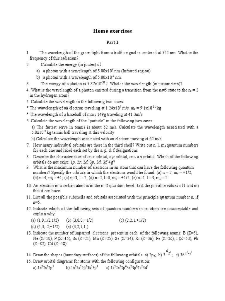 Exercises-Part 1 2020 | PDF | Atomic Orbital | Electron Configuration