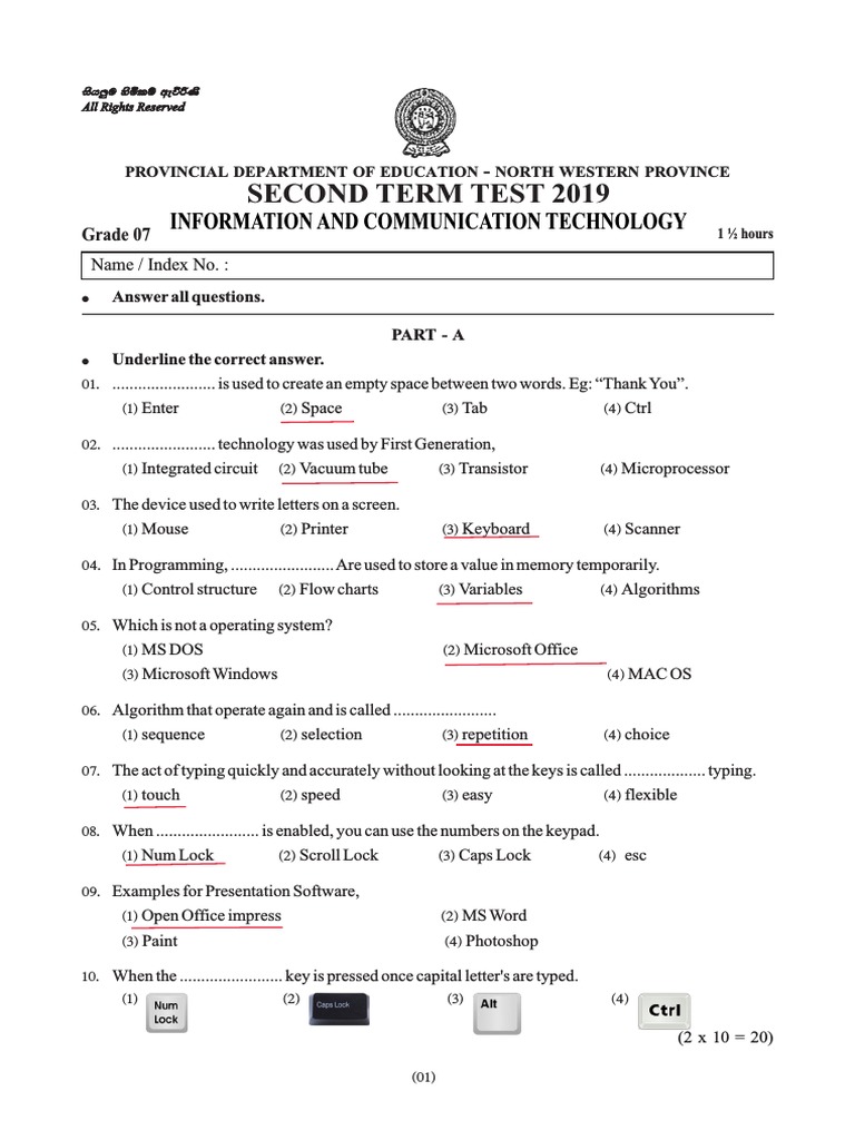 Grade 07 ICT 2nd Term Test Paper 2019 English Medium - North Western ...