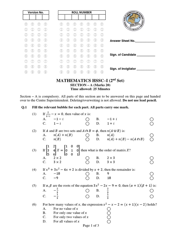 Mathematics HSSC-I (2nd Set) | PDF | Trigonometric Functions | Trigonometry