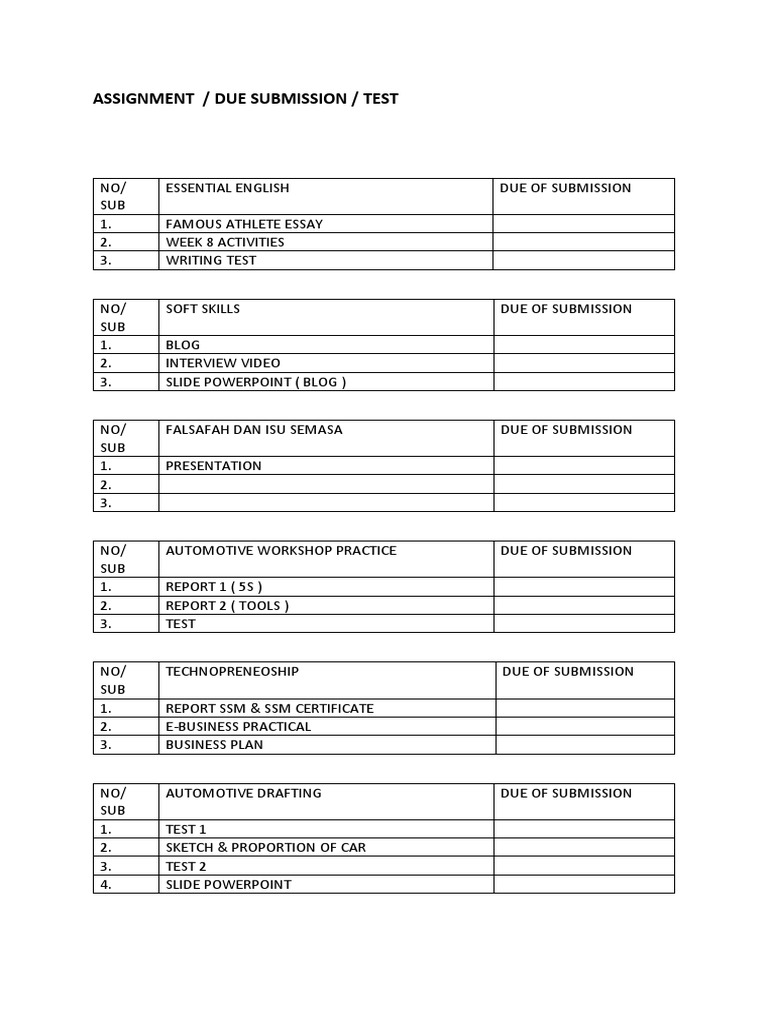 Assignment Table Pdf