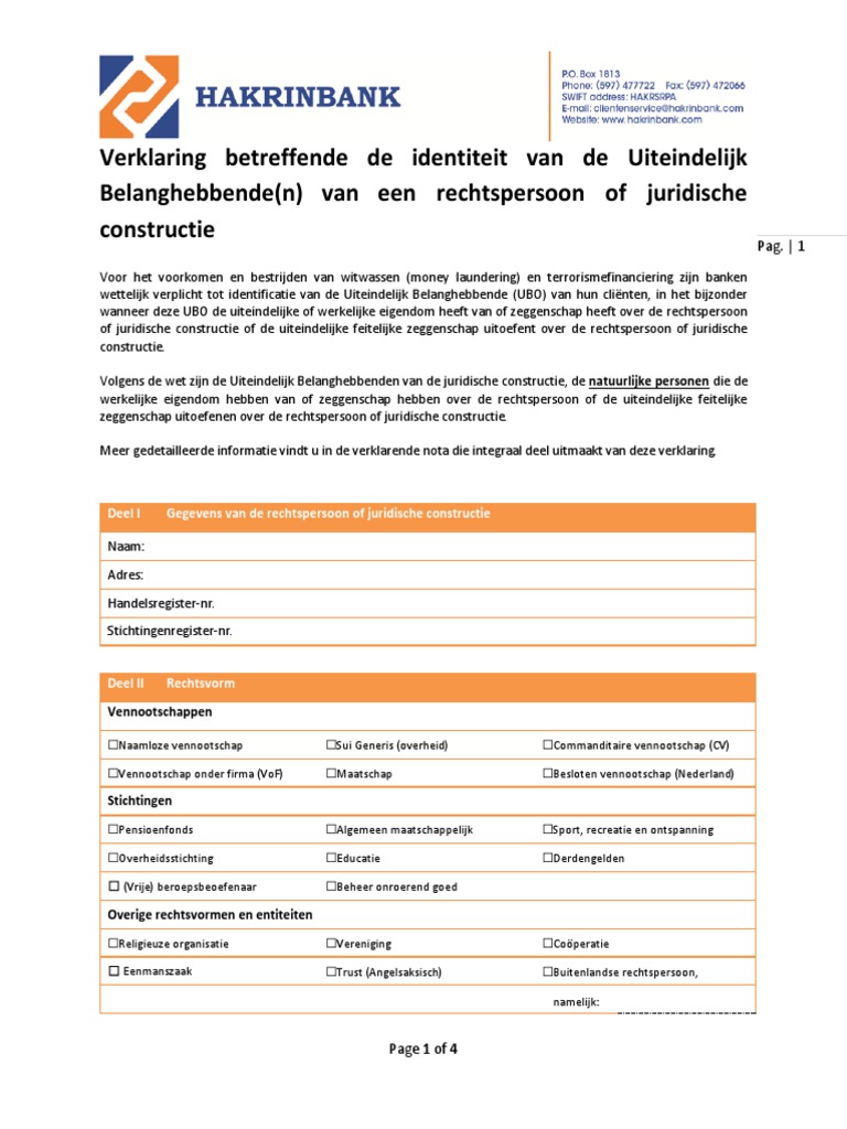 Verklaring Betreffende de Identiteit Van de Uiteindelijk Belanghebbende (N) Van Een ...