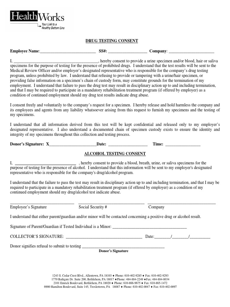Drug Testing Consent Form Sample | PDF | Drug Test | Justice
