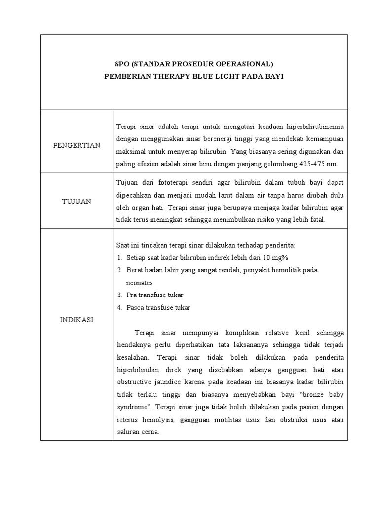 Sop Pemberian Therapy Blue Light Pada Bayi | PDF