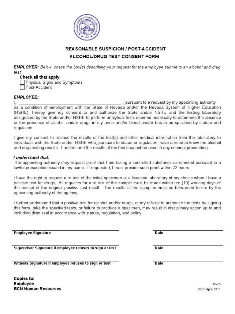 Consent Form for Post-Accident Alcohol/Drug Testing Following a ...