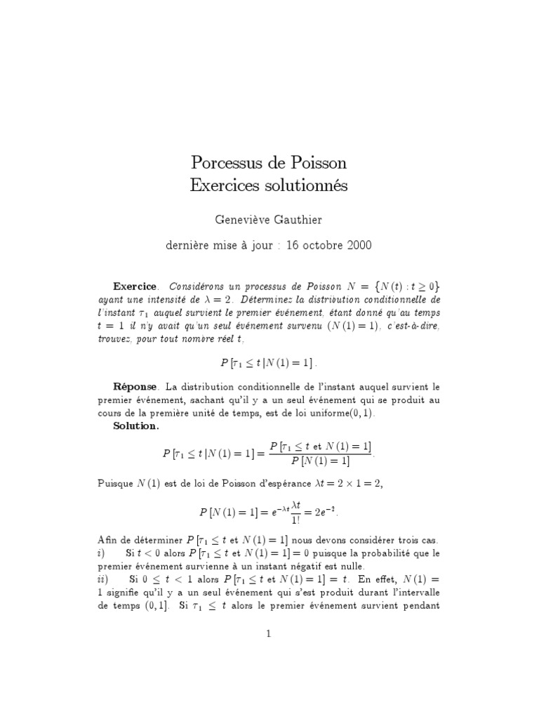 Processus de Poisson : Cours et Exercices | PDF | Loi de probabilité ...