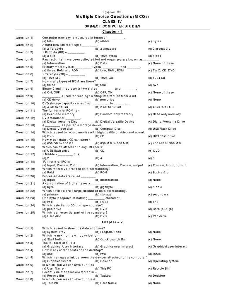 Class 4 Computer Studies MCQs | PDF | Computer Data Storage | Usb Flash ...