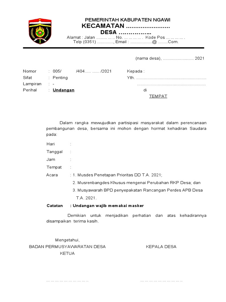 Undangan Musdes dan Musrenbang Desa 2021 | PDF