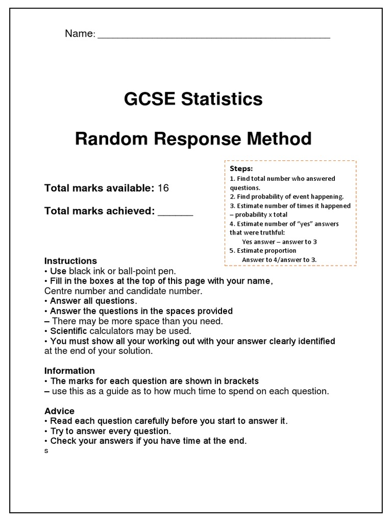 Random Response Method Exam Questions | PDF | Sampling (Statistics ...