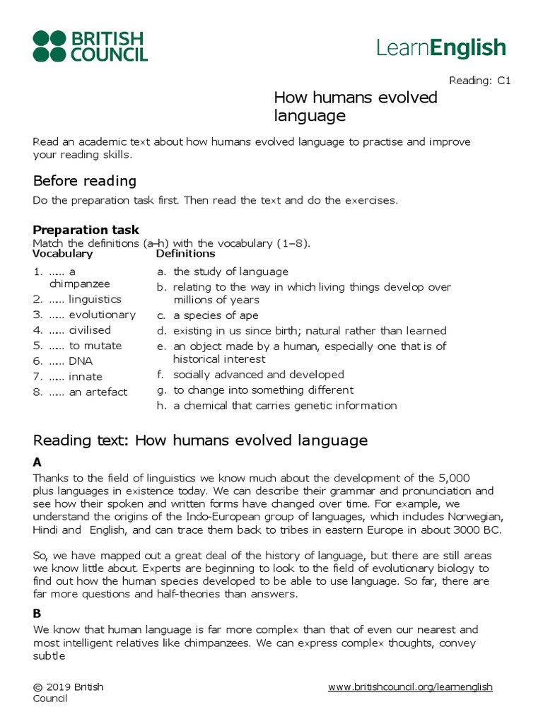 LearnEnglish Reading C1 How Humans Evolved Language | PDF | Human ...