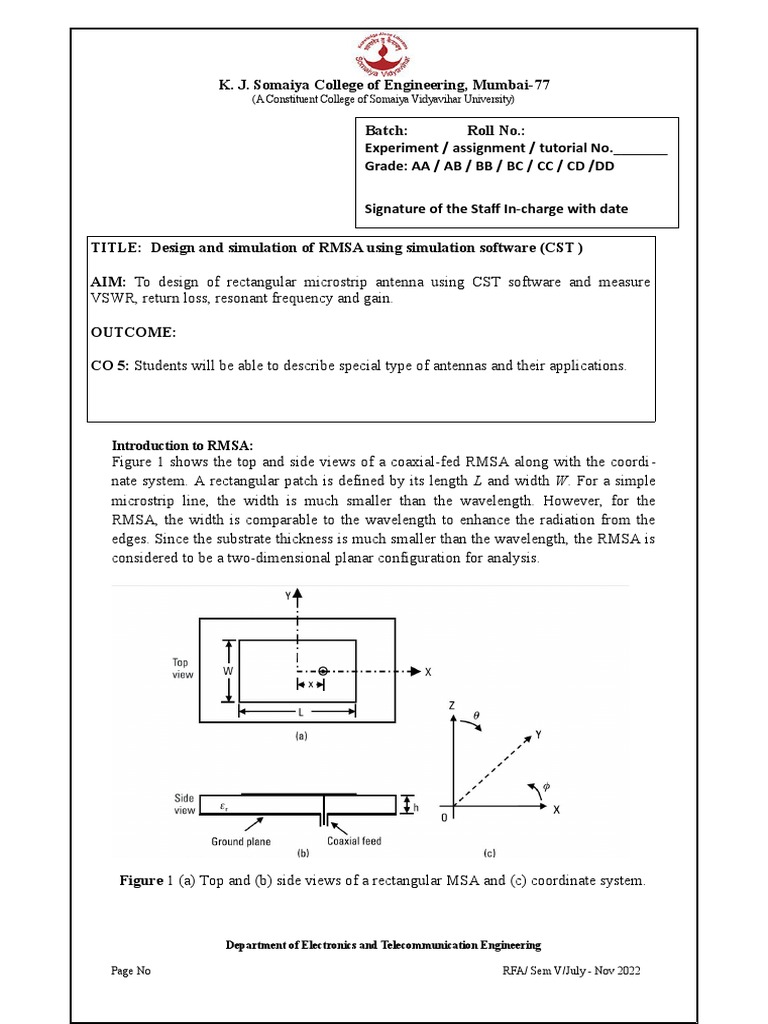 Expt 8 - Design of MSA Using Simulation Software Using CST | PDF ...