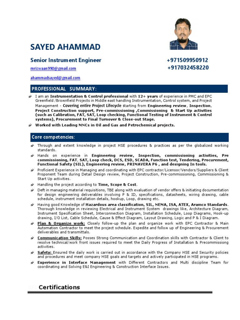 Senior Instrument Engineer Resume - Ahammad | PDF | Project Management | Engineering