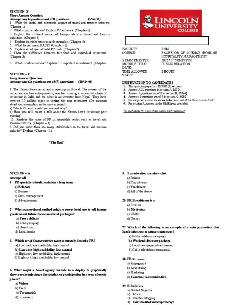 PR Exam Questions Covering Travel, Tourism, Hospitality Topics | PDF ...