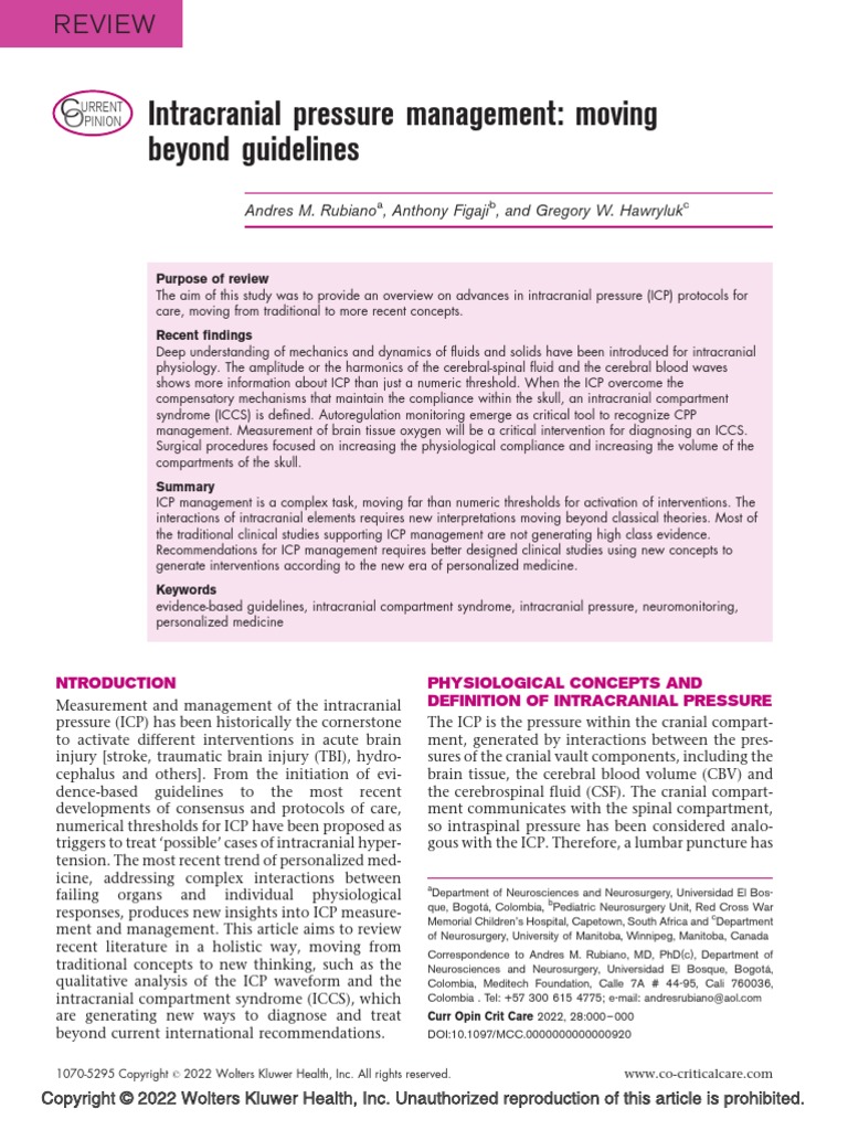 Intracranial Pressure Management Moving Beyond Guidelines - pdf1 | PDF ...