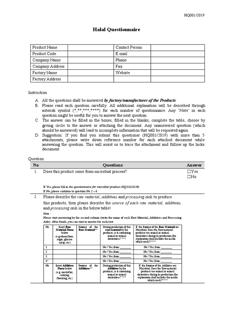 Halal Questionnaire For General Material (HQ001) | PDF | Chemistry | Food And Drink