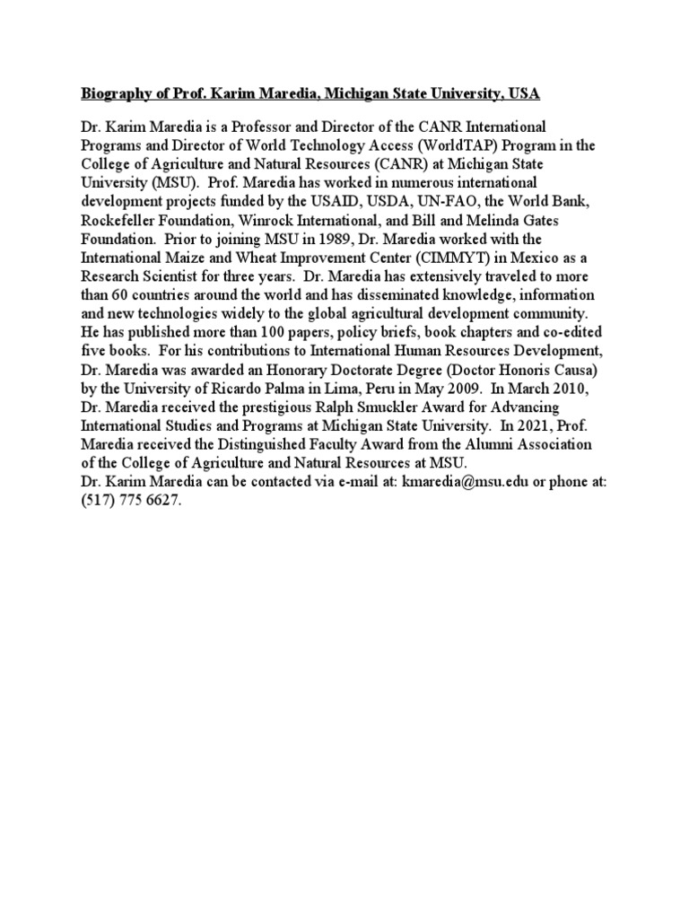 Biography of Prof. Karim Maredia - Michigan State University USA | PDF