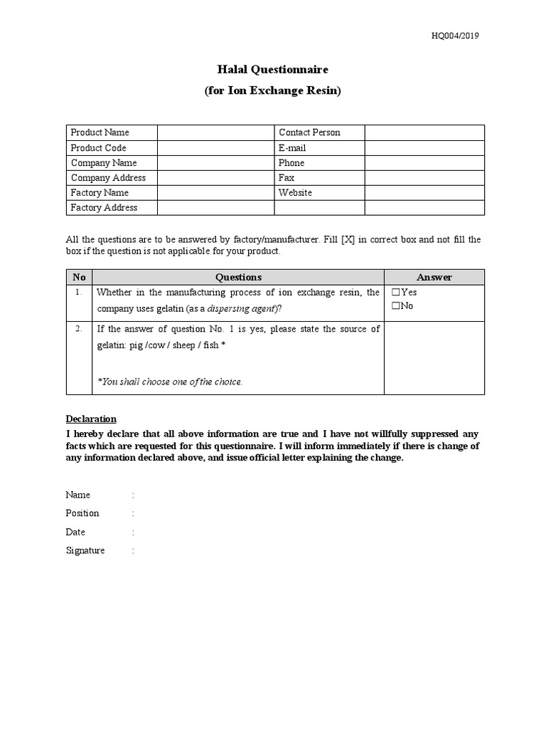 Halal Questionnaire For Ion Exchange Resin (HQ004) | PDF
