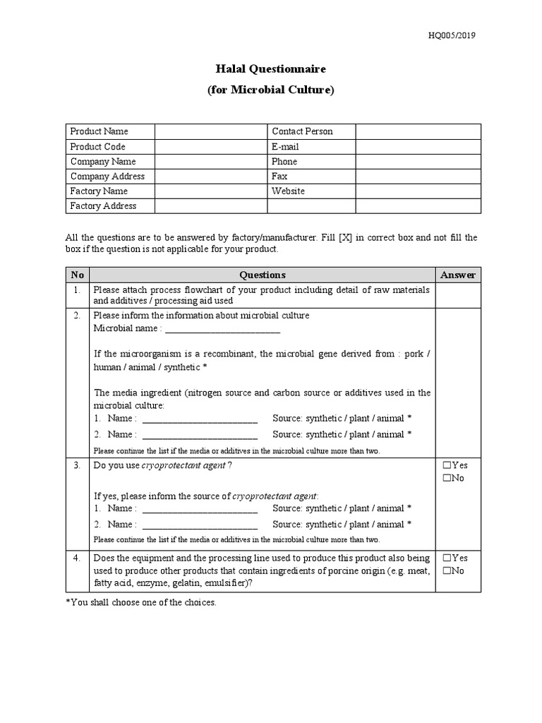 Halal Questionnaire For Microbial Culture (HQ005) | PDF | Microorganism ...