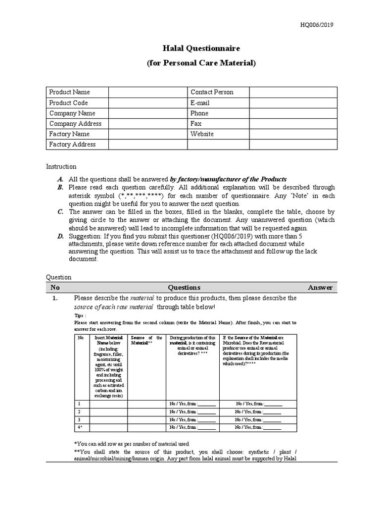 Halal Questionnaire For Personal Care Material (HQ006) | PDF