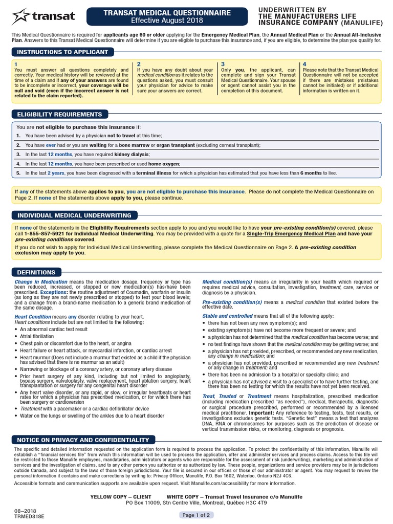 Transat Medical Questionnaire | Download Free PDF | Heart | Myocardial ...