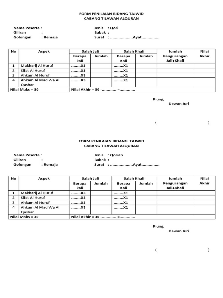Form Penilaian Tilawah Bidang Tajwid | PDF Form Penilaian Tilawah Bidang Tajwid | PDF