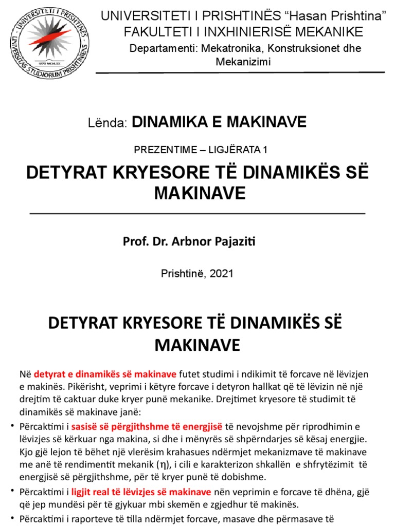 Detyrat Kryesore Të Dinamikës Së Makinave | PDF