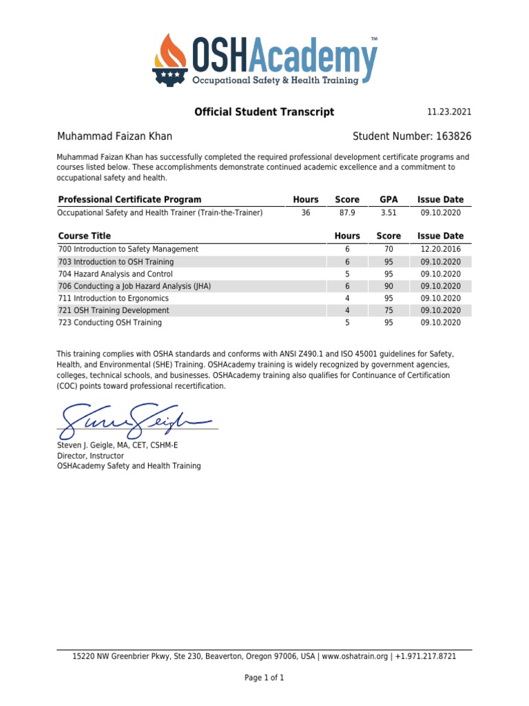 OSHAcademy Transcript | PDF