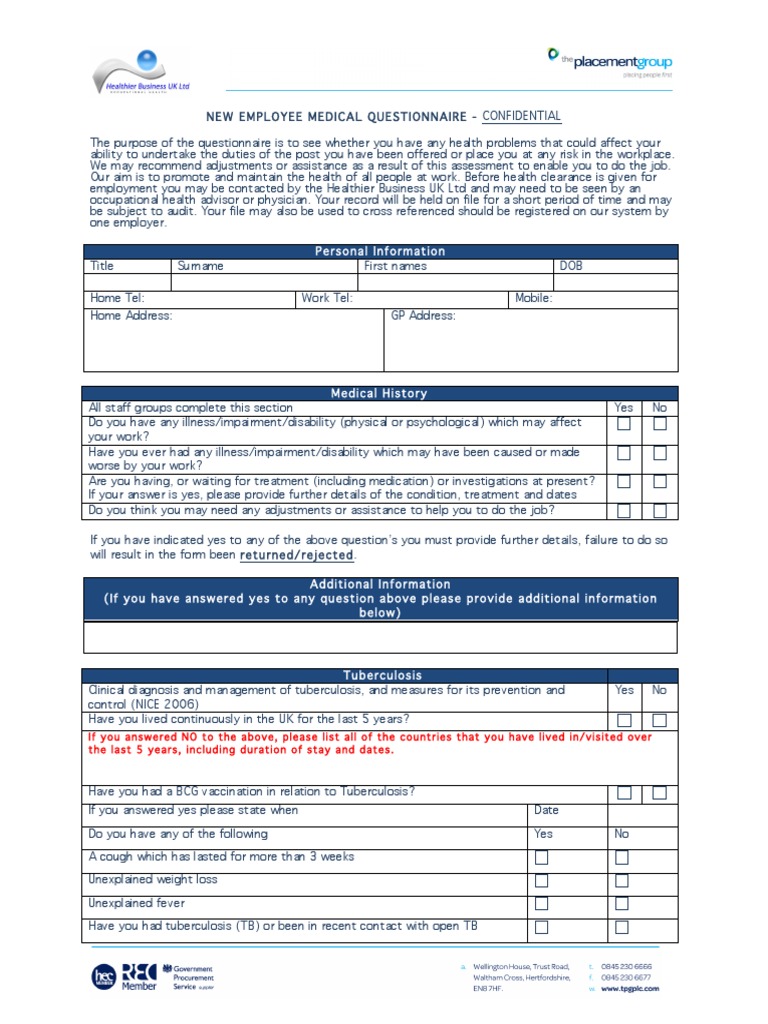 New Employee Medical Questionnaire | PDF | Tuberculosis | Disability