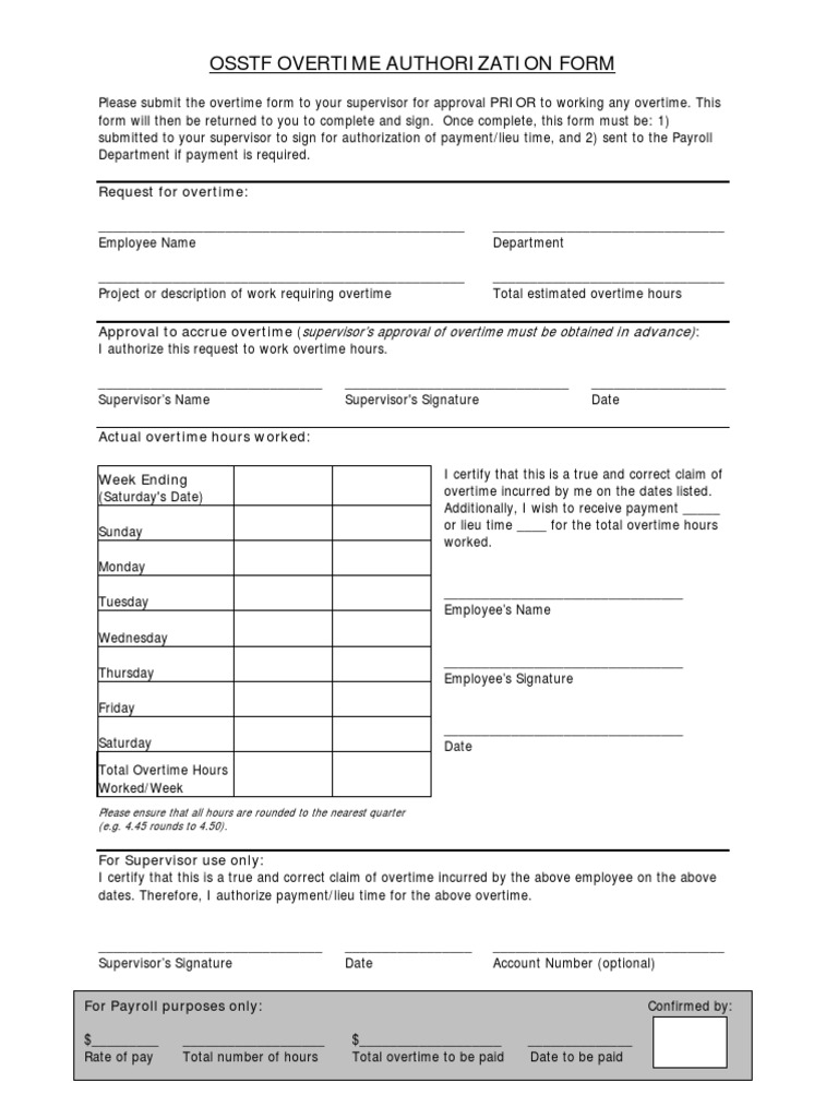 Overtime Authorization Form Sample | Download Free PDF | Overtime ...