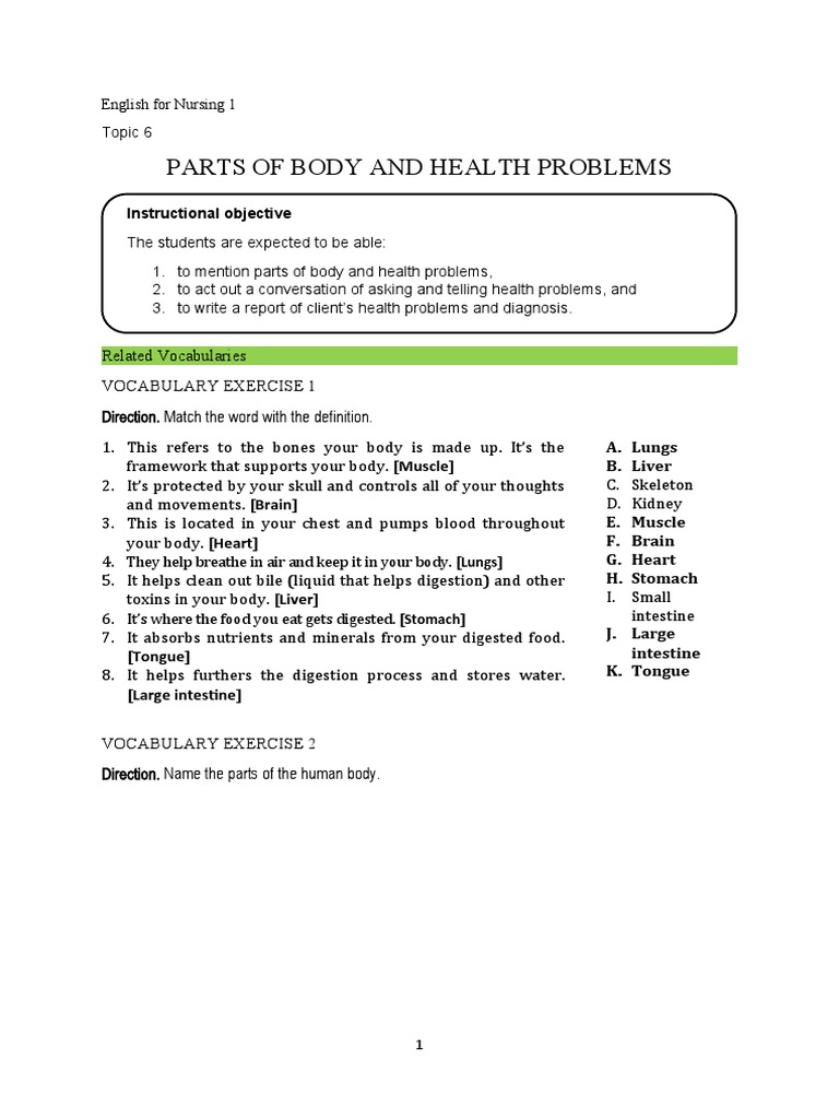 English For Nursing Topic 6 Parts of Body and Health Problems | PDF | Human Body | Digestion