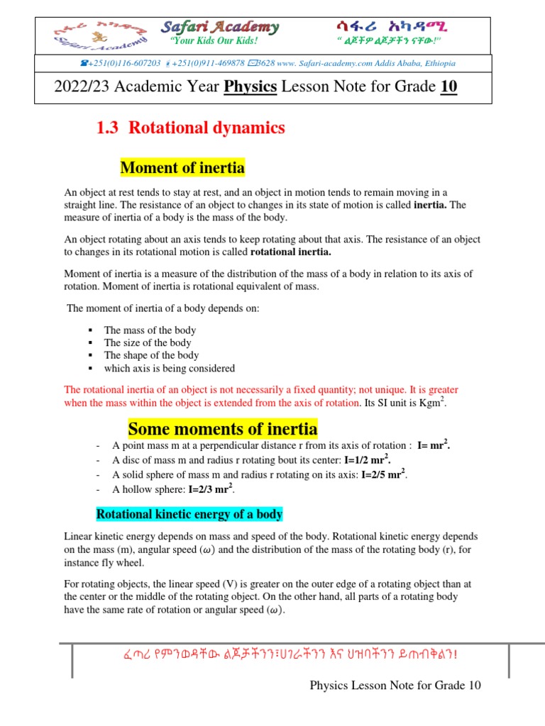 Physics Lesson Note For Grade 10 | PDF | Rotation Around A Fixed Axis ...